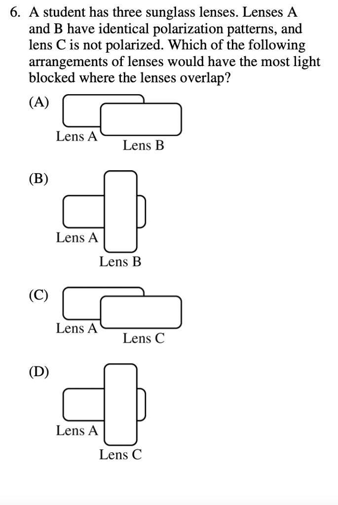 6. A student has three sunglass lenses. Lenses A and B have identical ...