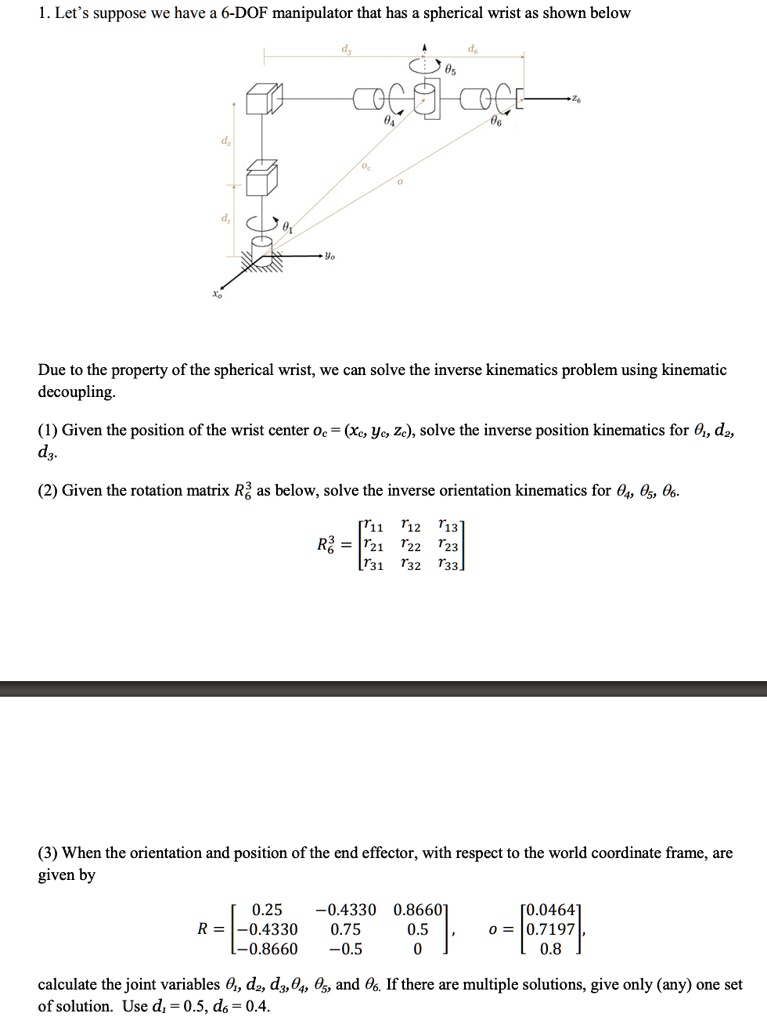 SOLVED: Let's suppose we have a 6-DOF manipulator that has a spherical wrist as shown below. Due ...