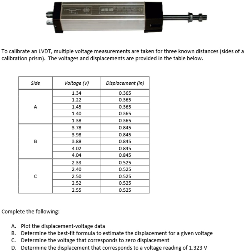 SOLVED: To calibrate an LVDT, multiple voltage measurements are taken for three known distances ...