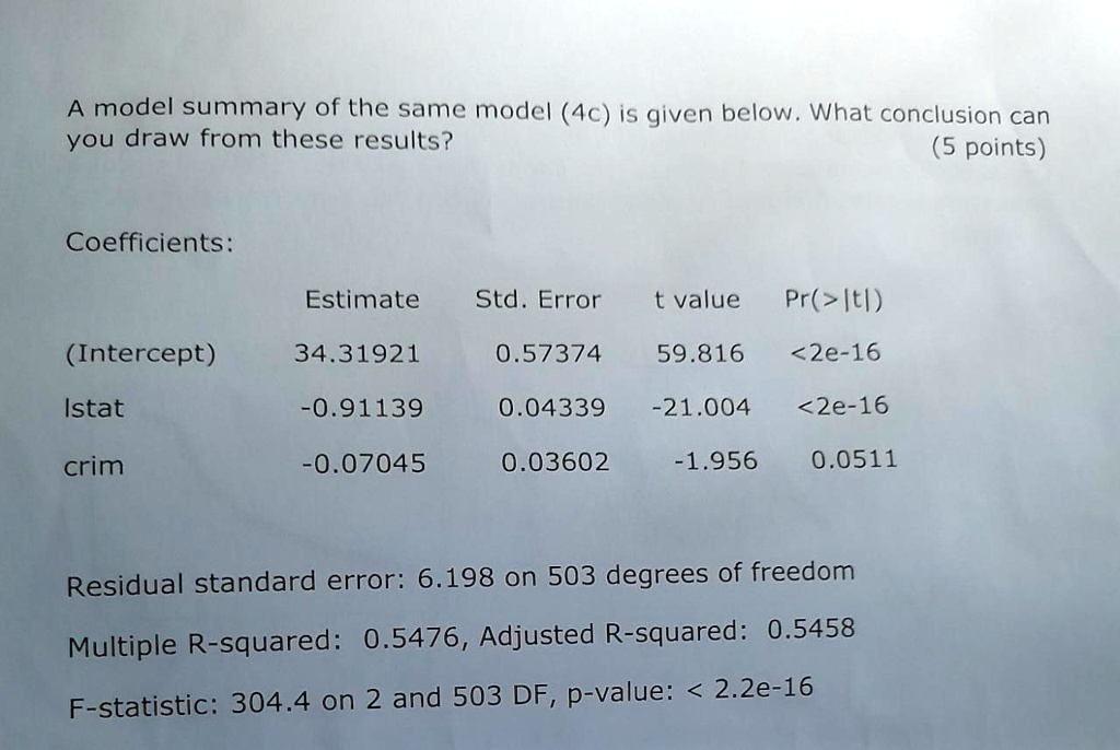 SOLVED: A model summary of the same model (4c) is given below. What conclusion can you draw from ...