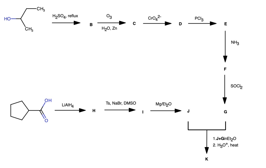 SOLVED: CHg H2SO4, reflux O3 CrO4 PCIa OH H2O, Zn CH3 NH3 SOCl HO Ts ...