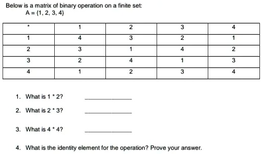 Solved Matrix Binary Operation On Finite Set 2 3 41 What Is What Is 2 What Is 4 What Is 