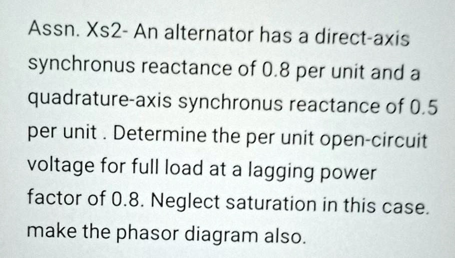 SOLVED: Assn.Xs2 - An alternator has a direct-axis synchronous reactance of 0.8 per unit and a ...