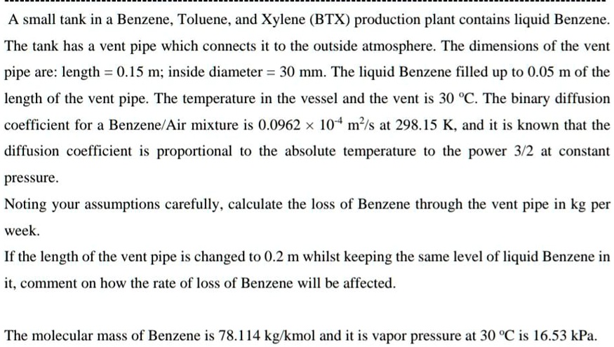 SOLVED: A small tank in a Benzene, Toluene, and Xylene BTX production ...