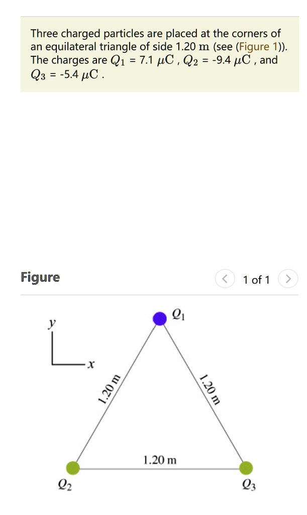 SOLVED: Three charged particles are placed at the corners of an equilateral triangle of side 1. ...