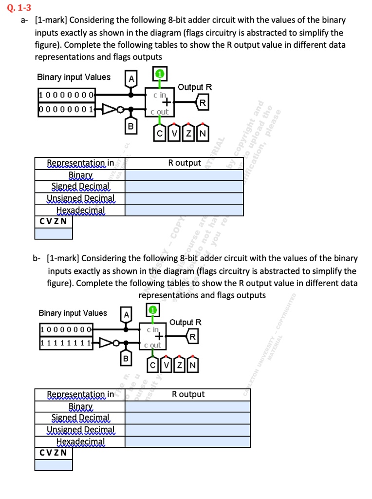 Solved Q 1 3 A 1 Mark Considering The Following 8 Bit Adder Circuit With The Values Of The