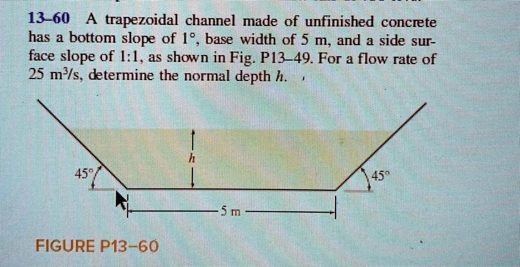 13-60 A trapezoidal channel made of unfinished concrete has a bottom ...