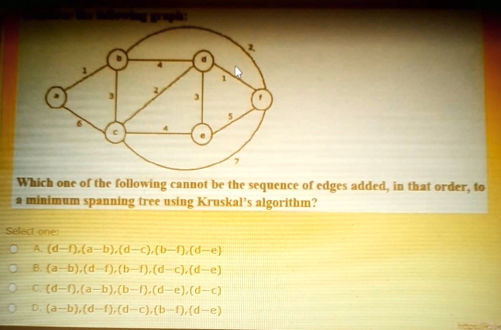 SOLVED: a Which one of the following cannot be the sequence of edges added, in that order,to a ...