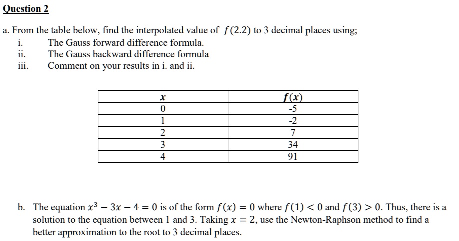 SOLVED: Question 2 From the table below, find the interpolated value of f (2.2) to 3 decimal ...
