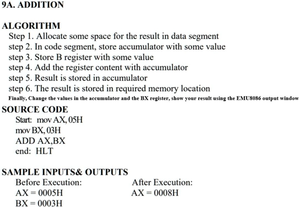 Solved Microprocessors 8086 9a Addition Algorithm Step 1 Allocate Some Space For The Result 8872