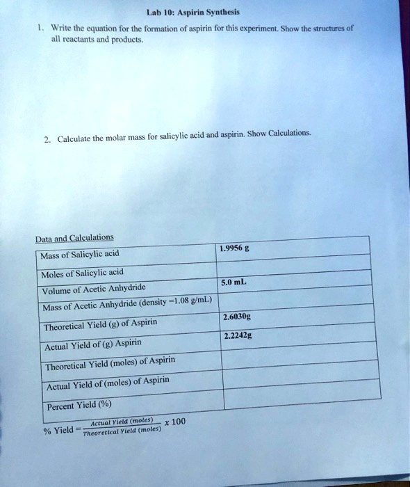 SOLVED: Lab IU: Aspirin Synthesis Write the cquation for the formation of aspirin for this ...