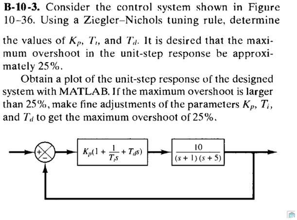 B-10-3. Consider the control system shown in Figure 10-36. Using a Ziegler-Nichols tuning rule ...