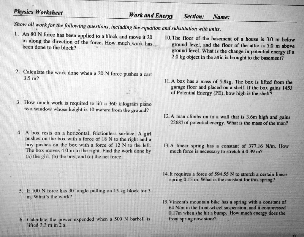 SOLVED Physics Worksheet Work And Energy Section Name Show All Work