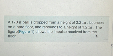A 170 g ball is dropped from a height of 2.2 m, bounces on a hard floor ...