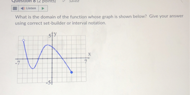 SOLVED: Listein What is the domain of the function whose graph is shown below? Give your answer ...