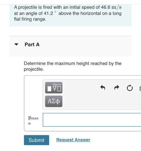 A projectile is fired with an initial speed of 46.6 m / s at an angle of 41.2^∘ above the ...