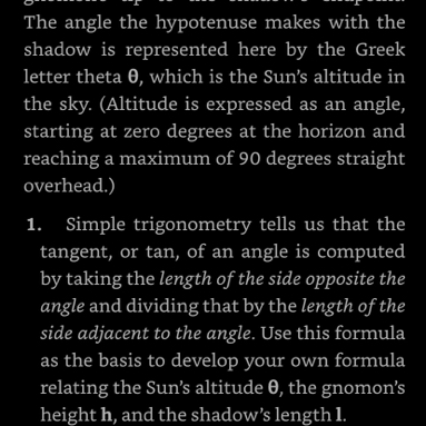 The angle the hypotenuse makes with the shadow is represented here by ...