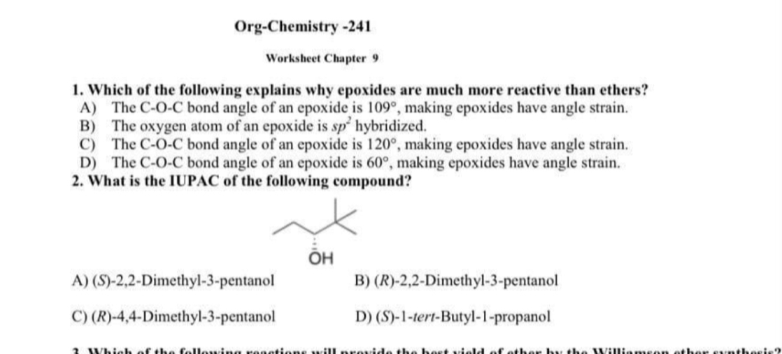 SOLVED: Org-Chemistry -241 Worksheet Chapter 9 1. Which of the ...