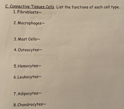 SOLVED: C. Connective Tissues Cells List the functions of each cell ...