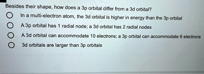 Besides their shape, how does a 3p orbital differ from a 3d orbital? In ...