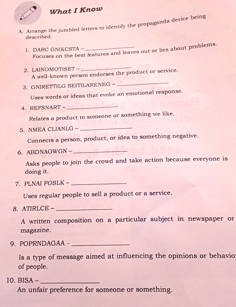 SOLVED: Arrange the jumbled letters to identify the propaganda device ...