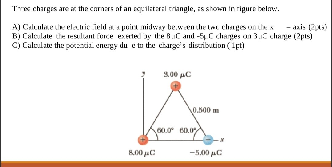 Three charges are at the corners of an equilateral triangle, as shown ...