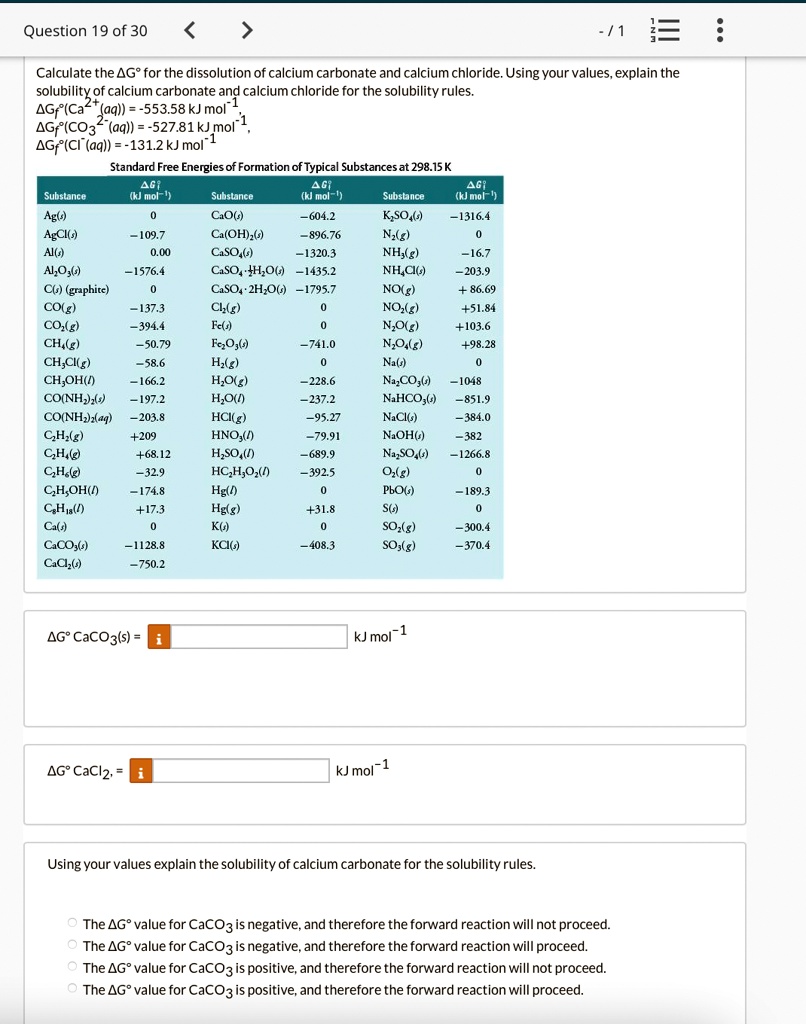 Calculate the ΔG for the dissolution of calcium carbonate and calcium chloride. Using your ...