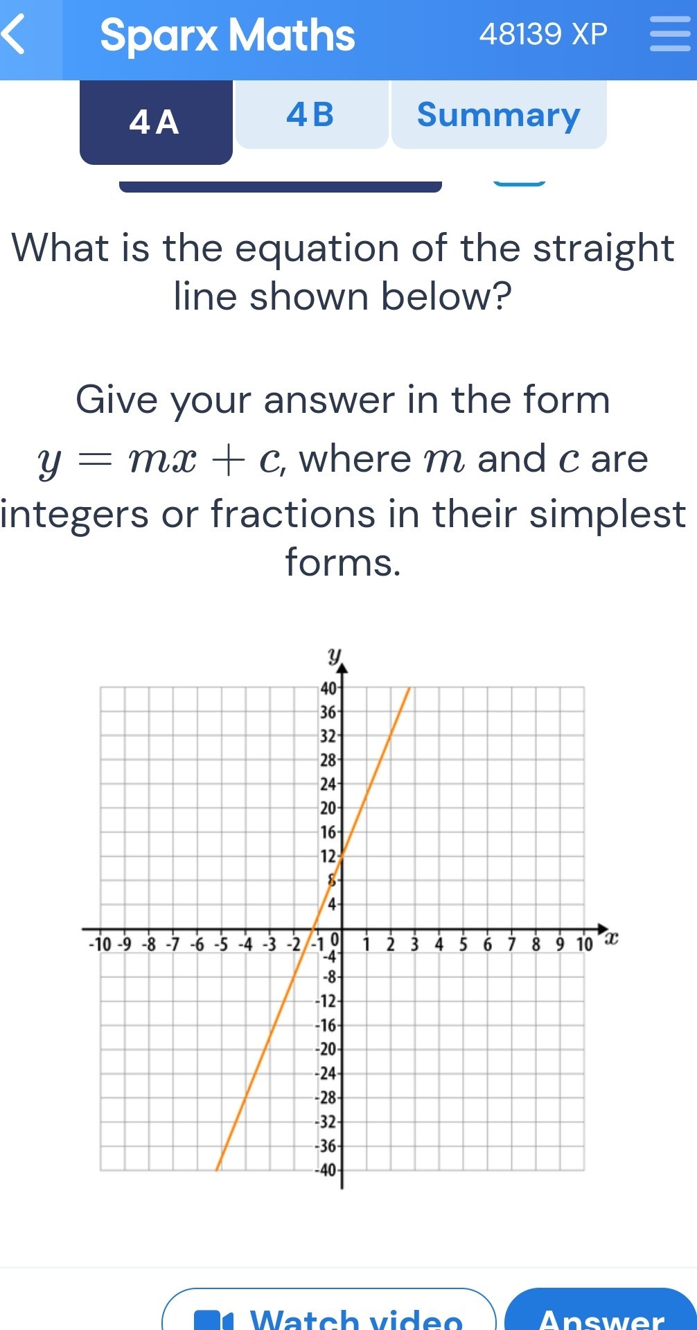 SOLVED: Sparx Maths 4 A 4 B Summary What is the equation of the straight line shown below? Give ...