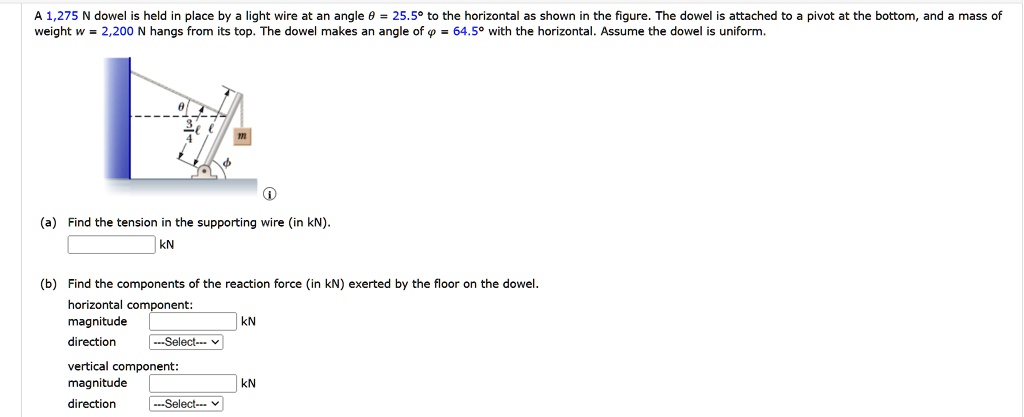 SOLVED: A 1,275 N dowel is held in place by a light wire at an angle Î ...