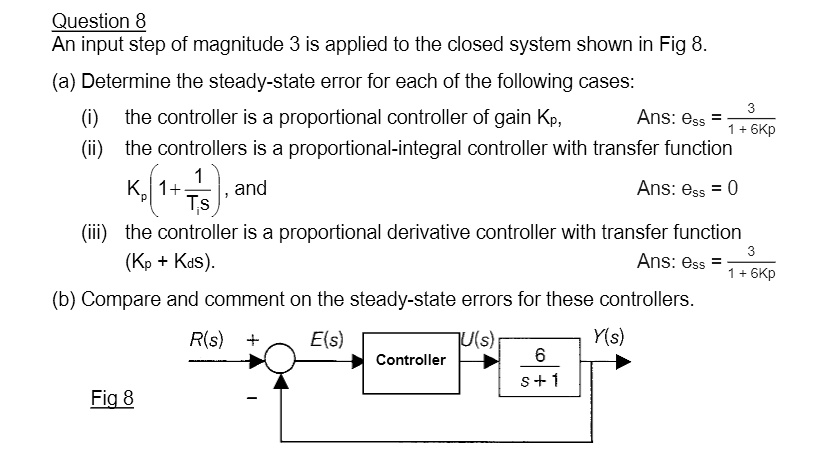 SOLVED: Question 8 An input step of magnitude 3 is applied to the closed system shown in Fig 8 ...