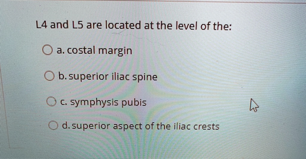 [GET ANSWER] l4 and l5 are located at the level of the a costal margin ...