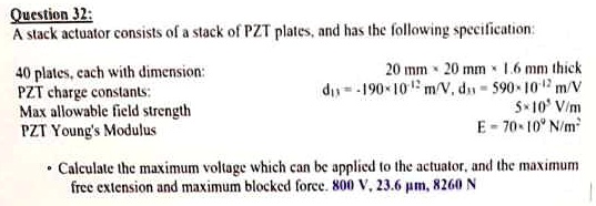 SOLVED: Question 32: A stack actuator consists of a stack of PZT plates ...