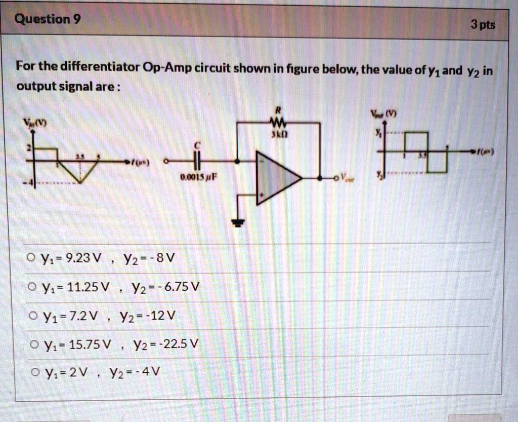 [GET ANSWER] Question 9 3 pts For the differentiator Op-Amp circuit shown in figure below, the ...