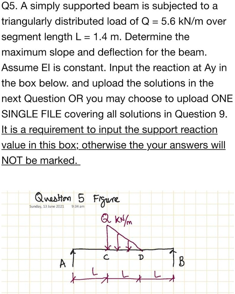 SOLVED: A simply supported beam is subjected to a triangularly distributed load of Q = 5.6 kN/m ...