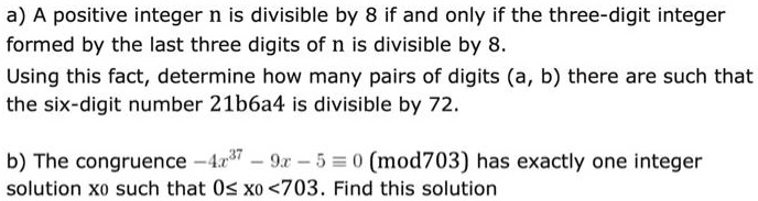 a a positive integer n is divisible by 8 if and only if the three digit integer formed by the ...