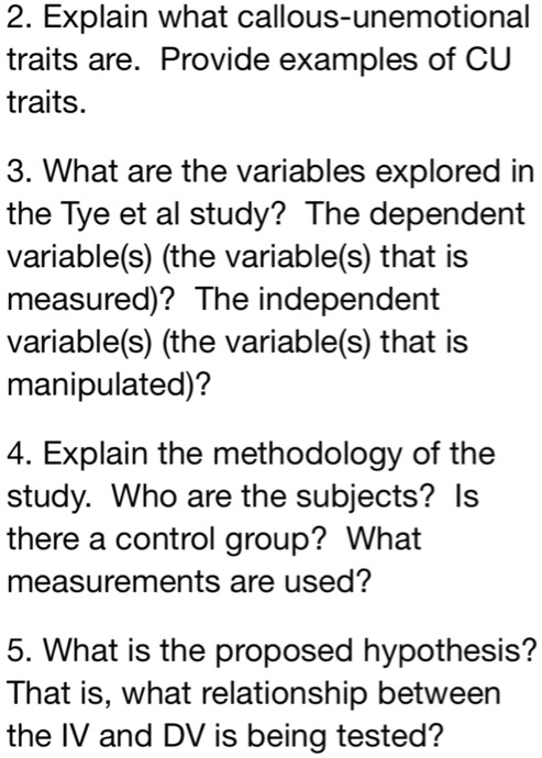 2. Explain what callous-unemotional traits are. Provide examples of CU ...