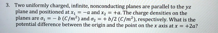 SOLVED: please explain, thank you 3. Two uniformly charged,infinite ...