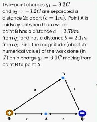 SOLVED: Two-point charges q1 = 9.3C and q2 = 3.2C are separated a ...