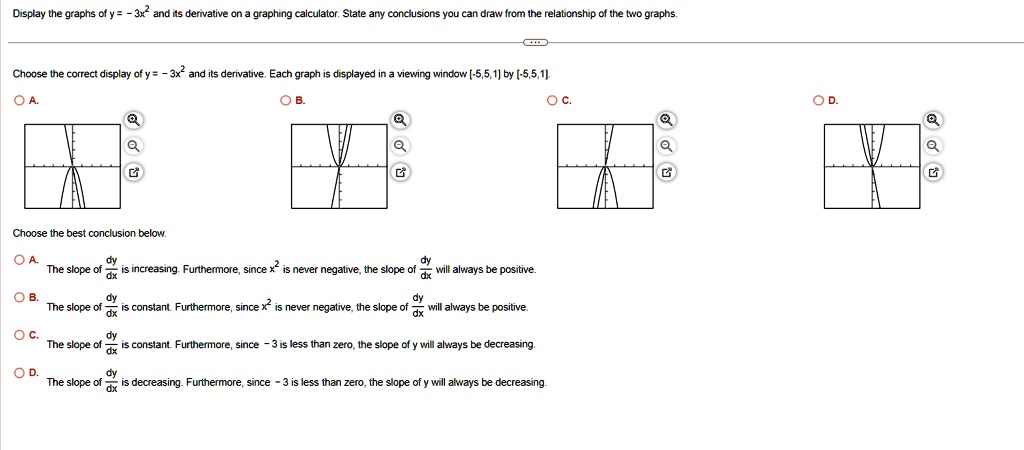 SOLVED: Display the graphs of y=-3x^(2) and its derivative on a graphing calculator. State any ...