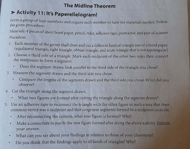The Midline Theorem Activity 11: It's Paperellelogram! Form a group of ...