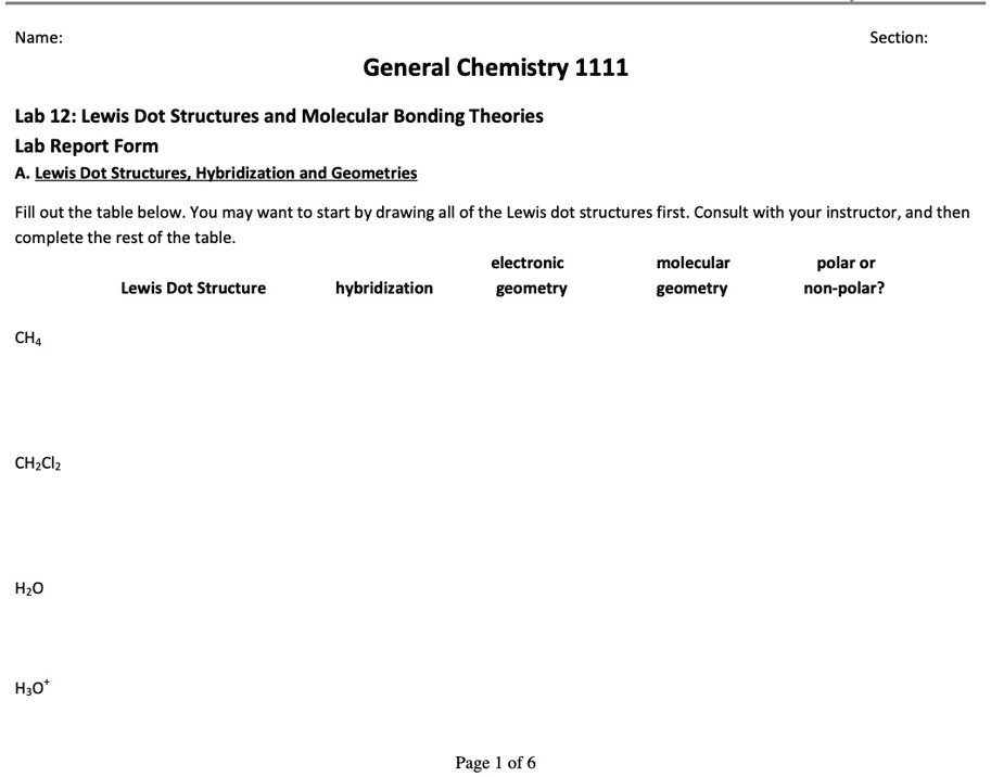SOLVED: Name: Section: General Chemistry 1111 Lab 12: Lewis Dot ...