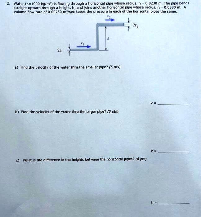 2. Water (p=1000 kg/m³) is flowing through a horizontal pipe whose ...