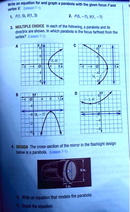SOLVED: Write an equation for and graph a parabola with the given focus ...