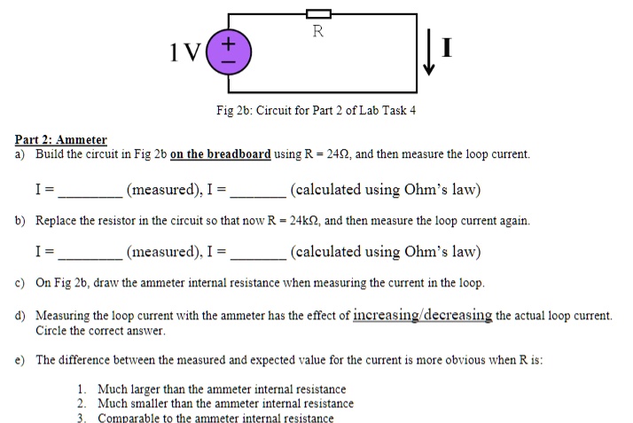 Part 2: Ammeter R 1V + I Fig 2b: Circuit for Part 2 of Lab Task 4 a ...
