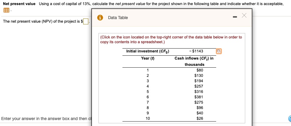 SOLVED: Net present value Using a cost of capital of 13%,calculate the net present value for the ...