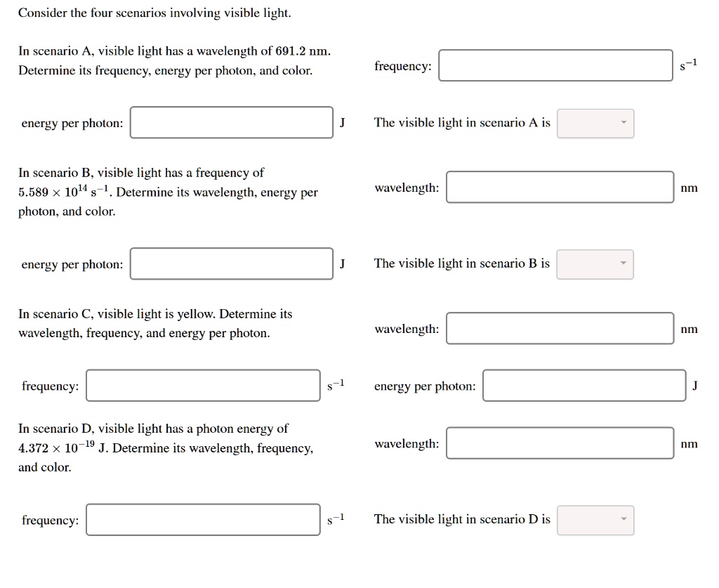 consider the four scenarios involving visible light in scenario a ...