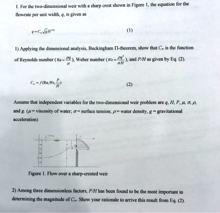 SOLVED: 1. For the two-dimensional weir with a sharp crest shown in ...