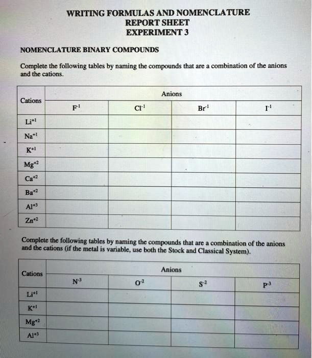 SOLVED: WRITING FORMULAS AND NOMENCLATURE REPORT SHEET EXPERIMENT 3 ...