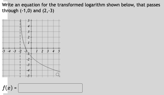 Write an equation for the transformed logarithm shown below, that passes through (-1,0) and (2 ...