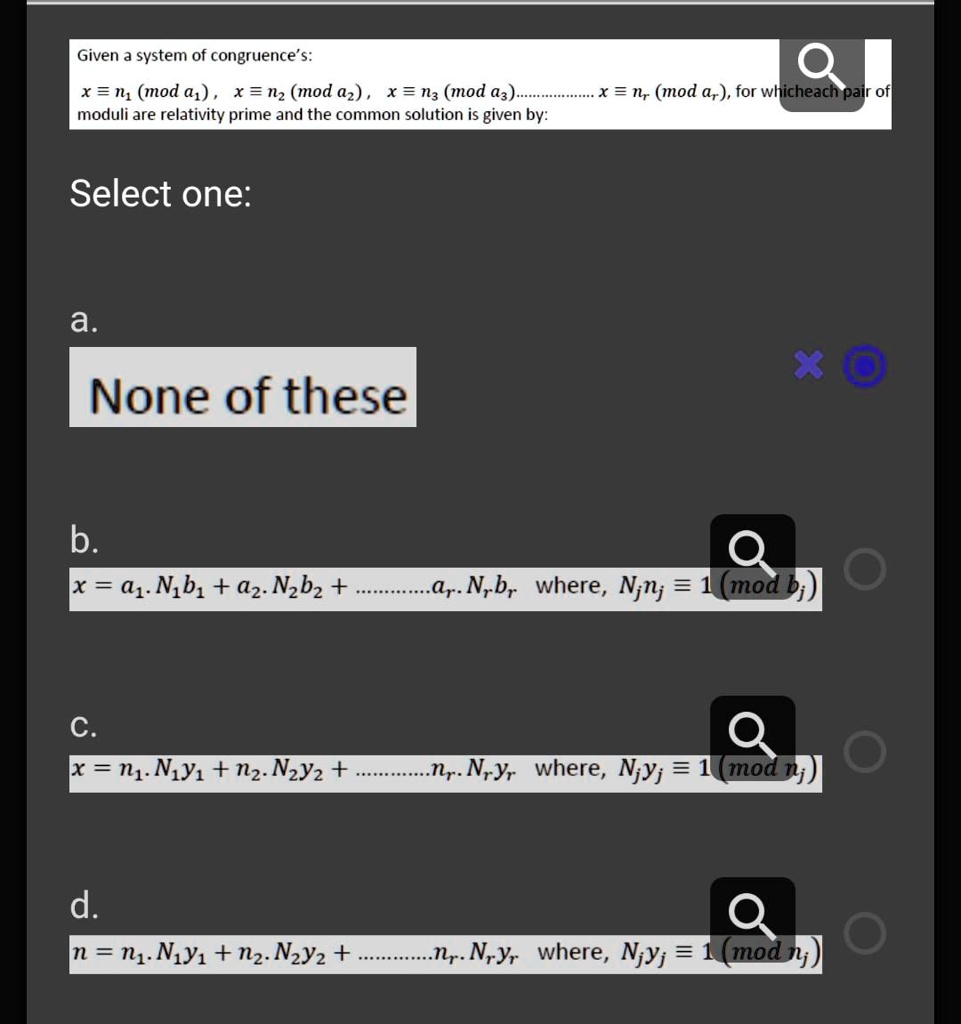 SOLVED:Given a system of congruence's: x=n (mod a1) x = nz (mod 4z) , x ...
